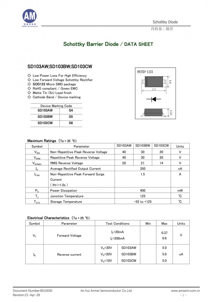 SD103AW datasheet page 1