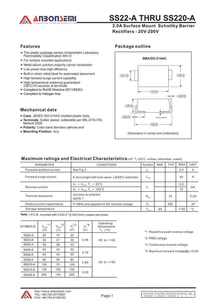SS210-A datasheet page 1