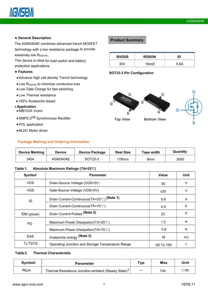 AGM3404E datasheet page 1