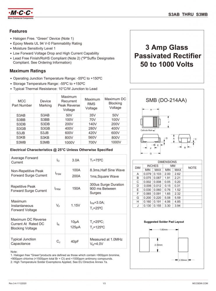 MCC S3AB-TP datasheet page 1