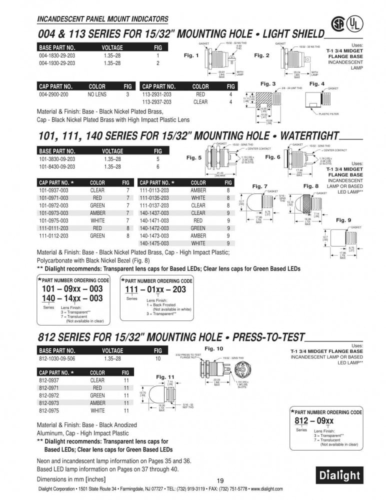 Dialight indicator cap and base reference page