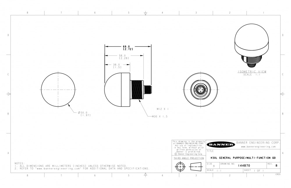 K50L General Purpose / Multifunction QD drawing, Banner Engineering drawing 144870 Rev. B