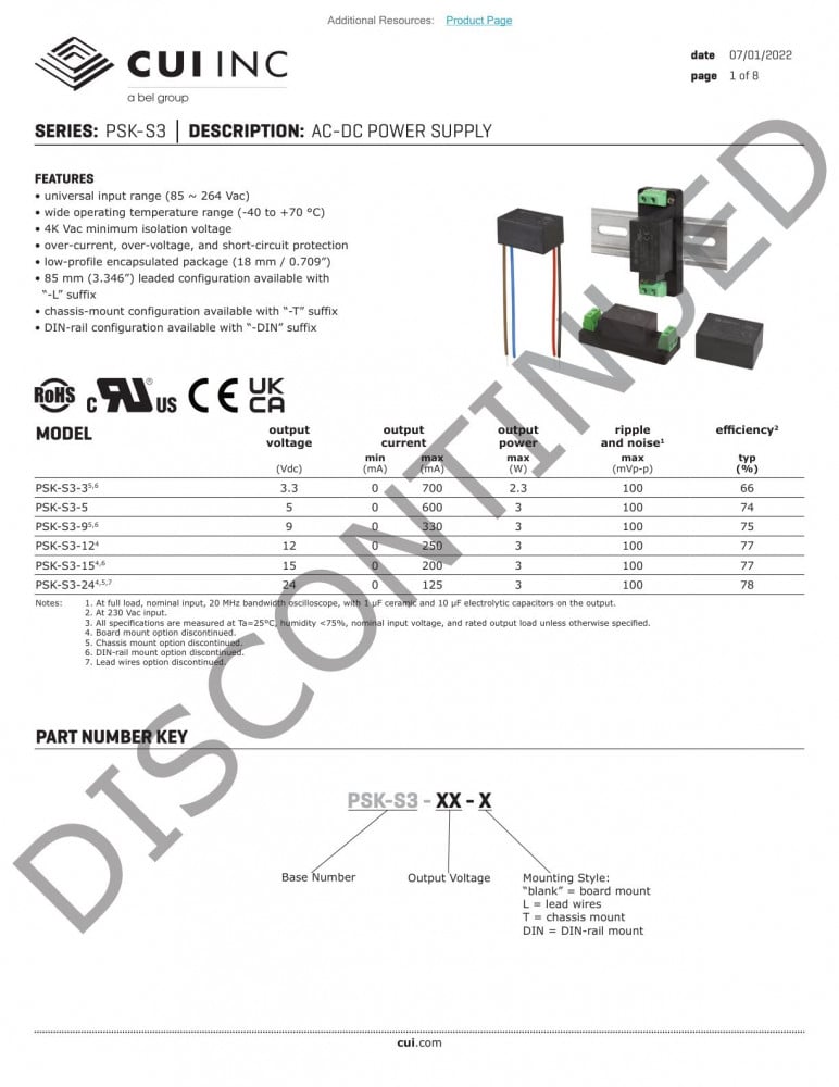 CUI PSK-S3-15 datasheet page 1