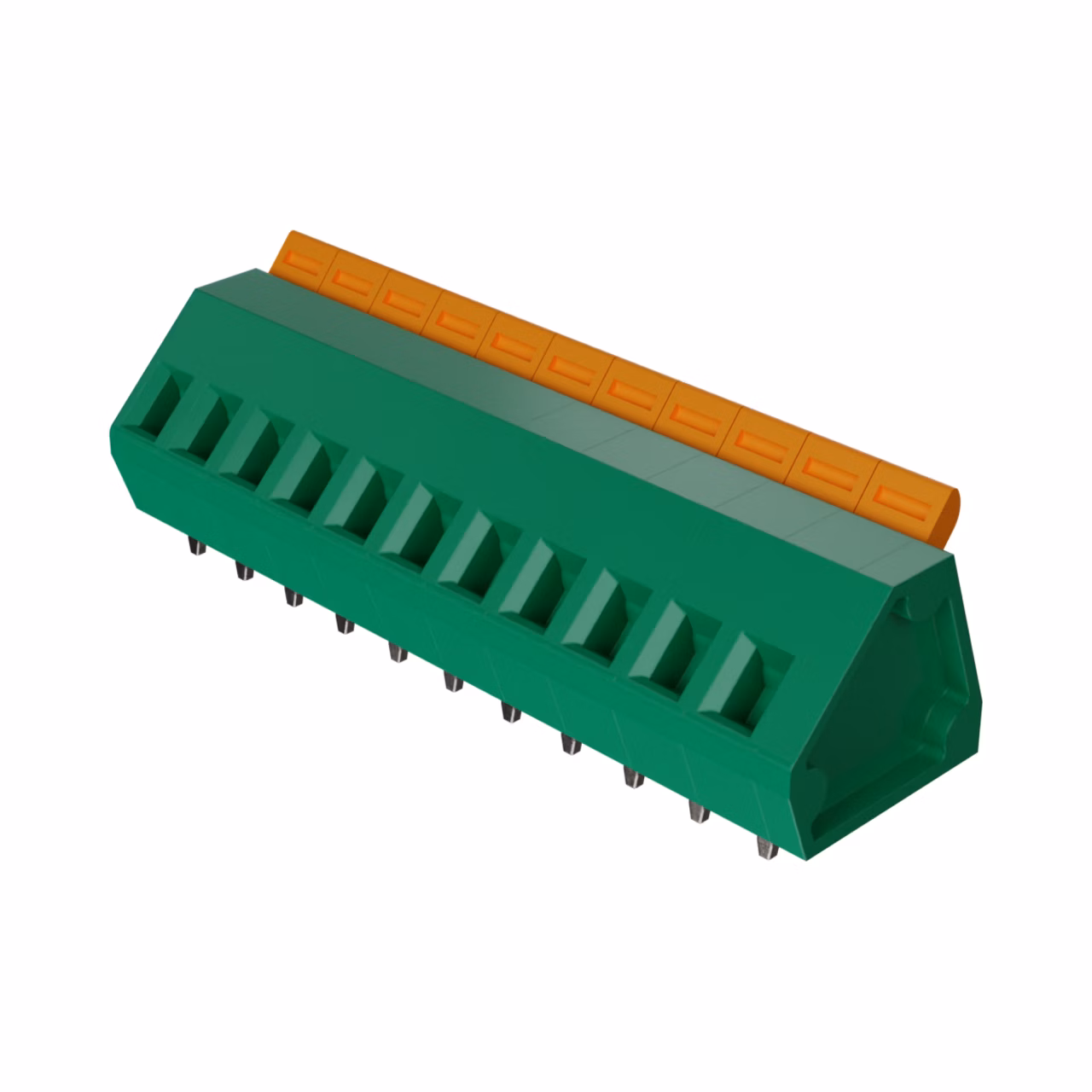 5.08mm Pitch, Eurostyle Fixed-Mount Push-Button Terminal Block, 45° Modular, 18A, 26-14 AWG, Green, 11 Circuits for sale