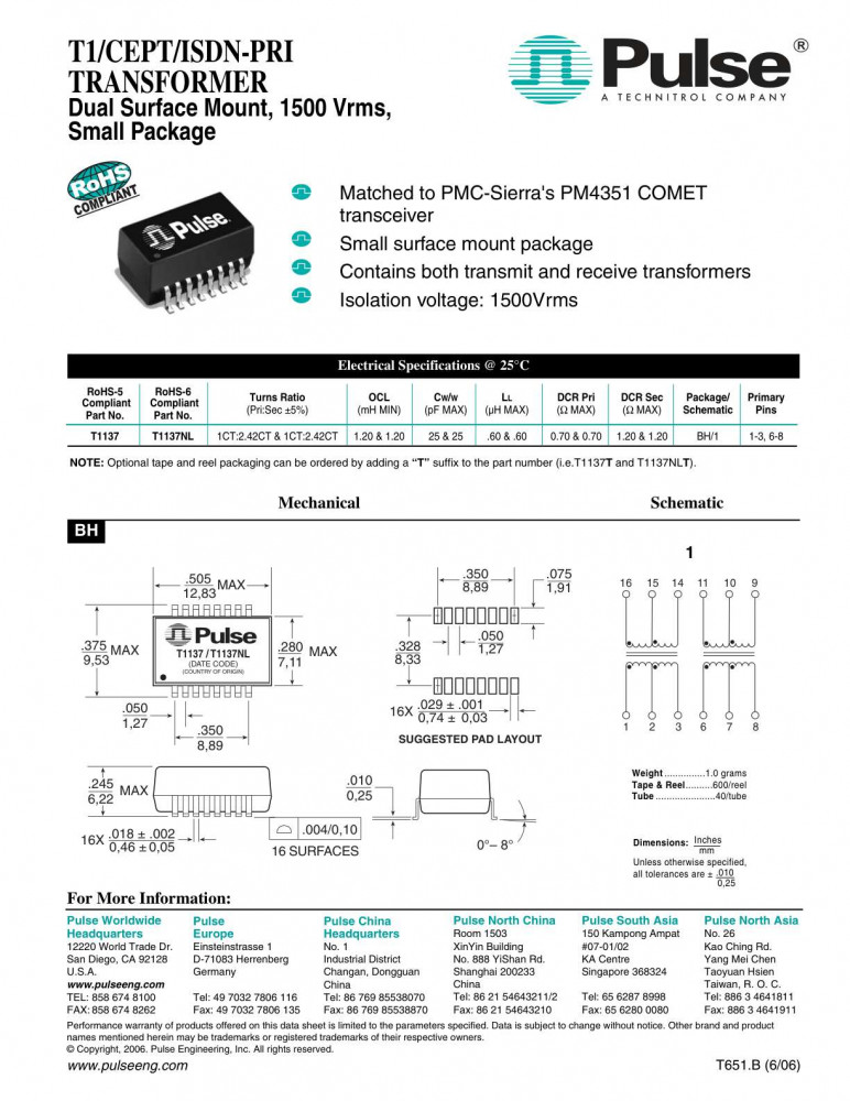 PULSE T1137NLT technical document page