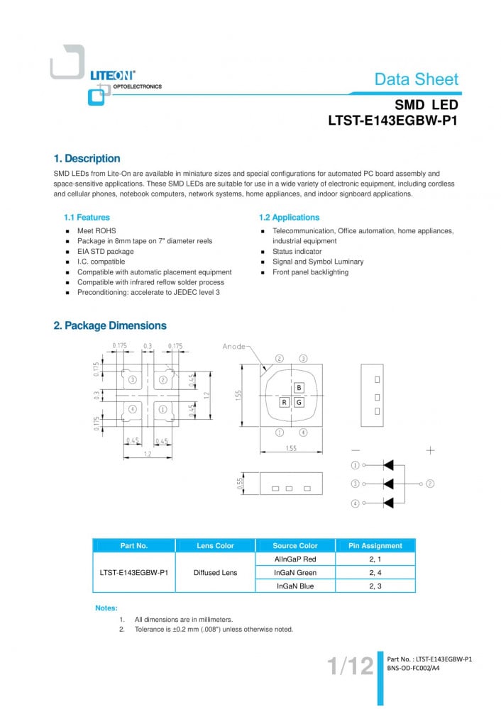 LTST-E143EGBW-P1 datasheet page 2