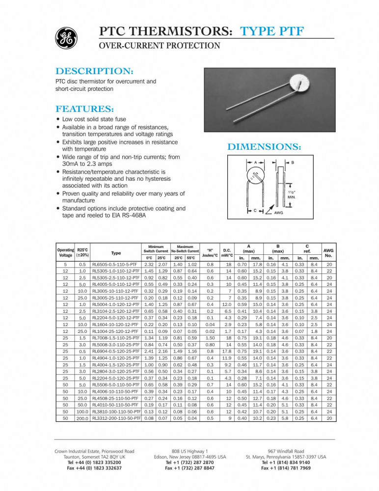 Amphenol PTC over-current protection document page 1