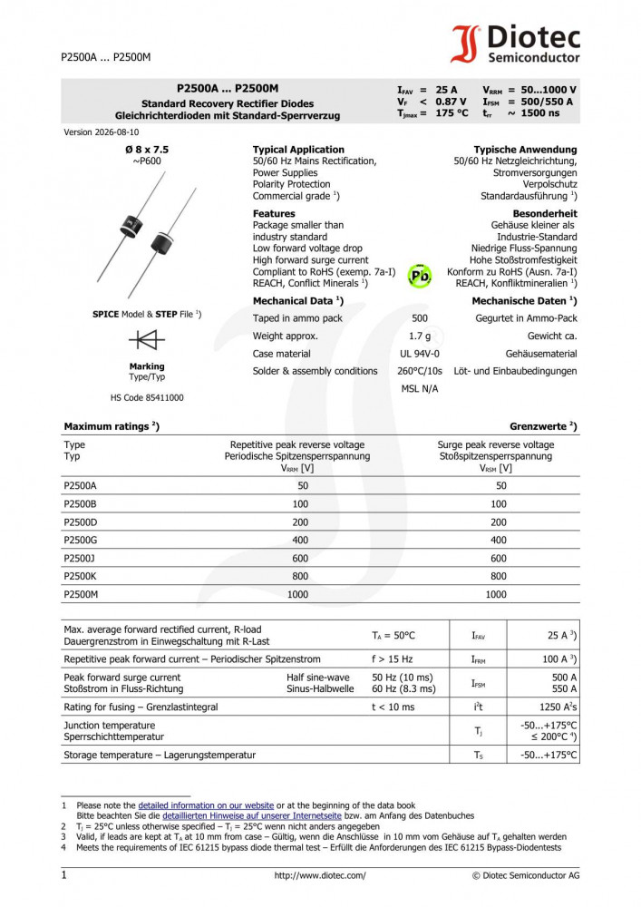 DIOTEC P2500A datasheet page image 1