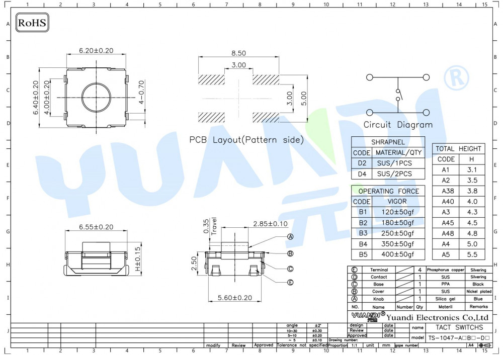 Yuandi TS-1047-A45B2-D2 technical drawing