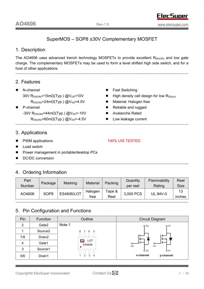 AO4606 datasheet page 1