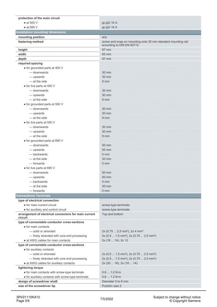 Siemens 3RV21110KA10 datasheet page 3