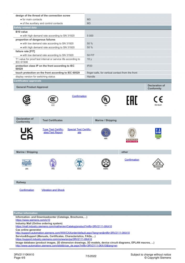 Siemens 3RV21110KA10 datasheet page 4