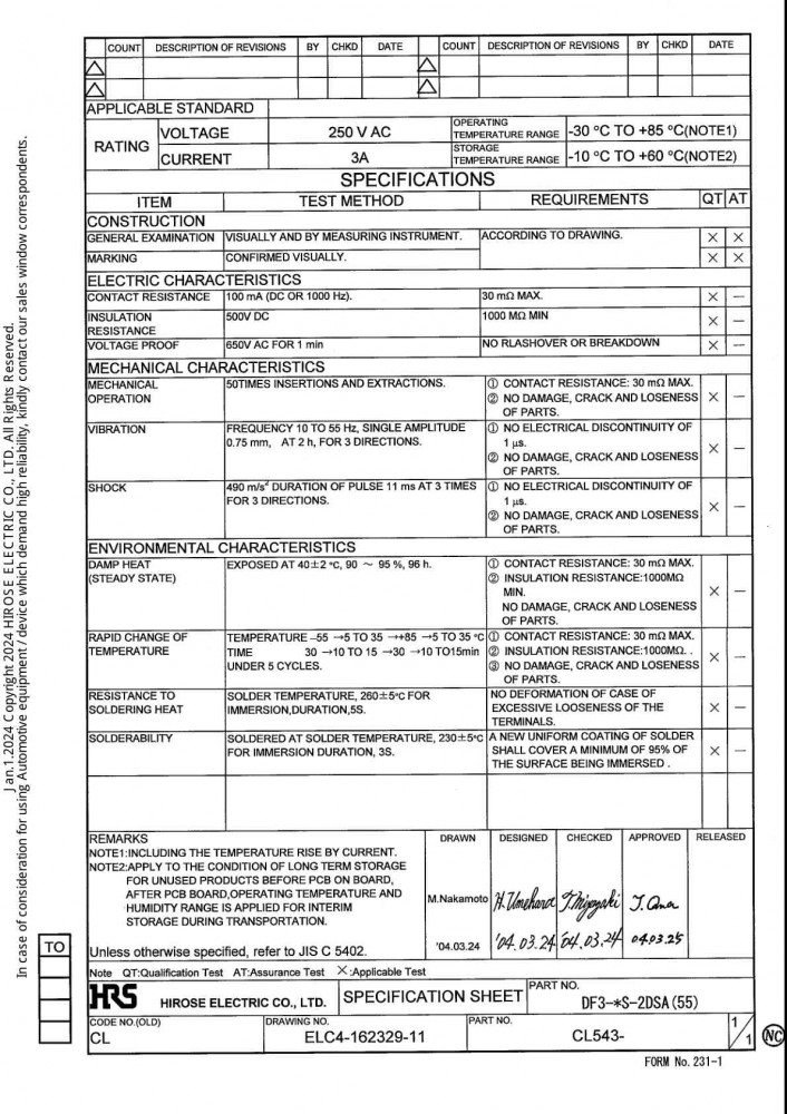 HRS DF3-12S-2DSA(55) specification sheet