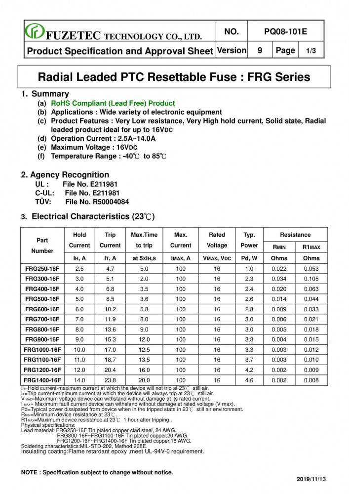 FRG Series specification sheet page 1