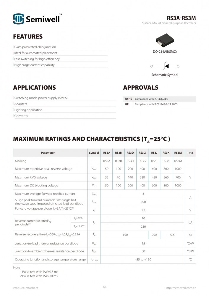 Semiwell RS3A datasheet preview, page 1