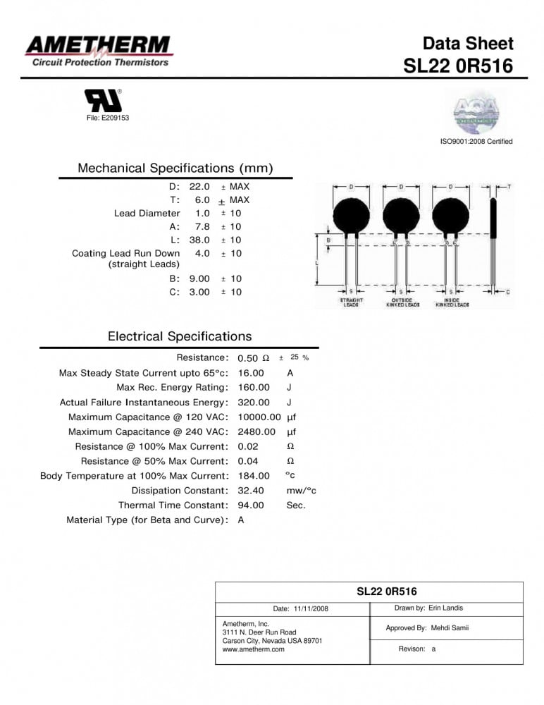 Ametherm SL22 0R516 technical drawing and electrical specifications