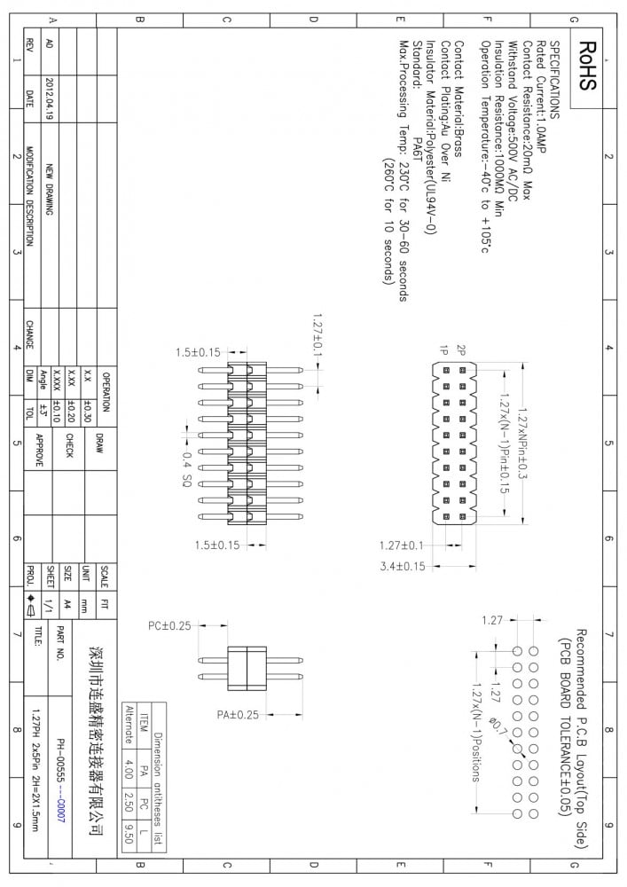PH-00555 technical drawing and recommended PCB layout