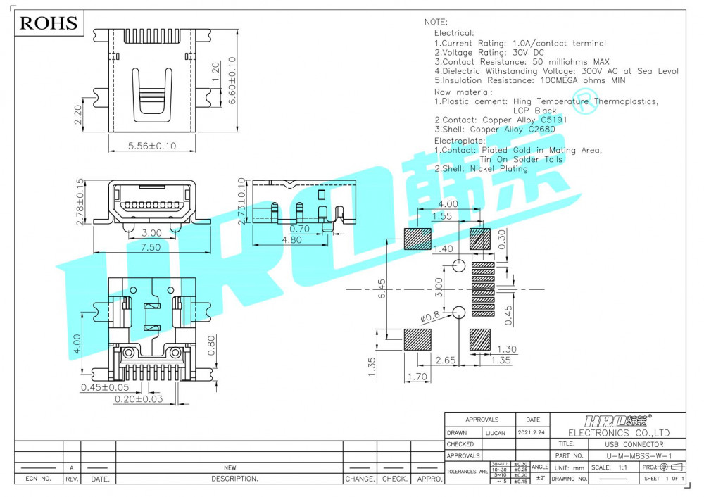 U-M-M8SS-W-1 USB connector technical drawing