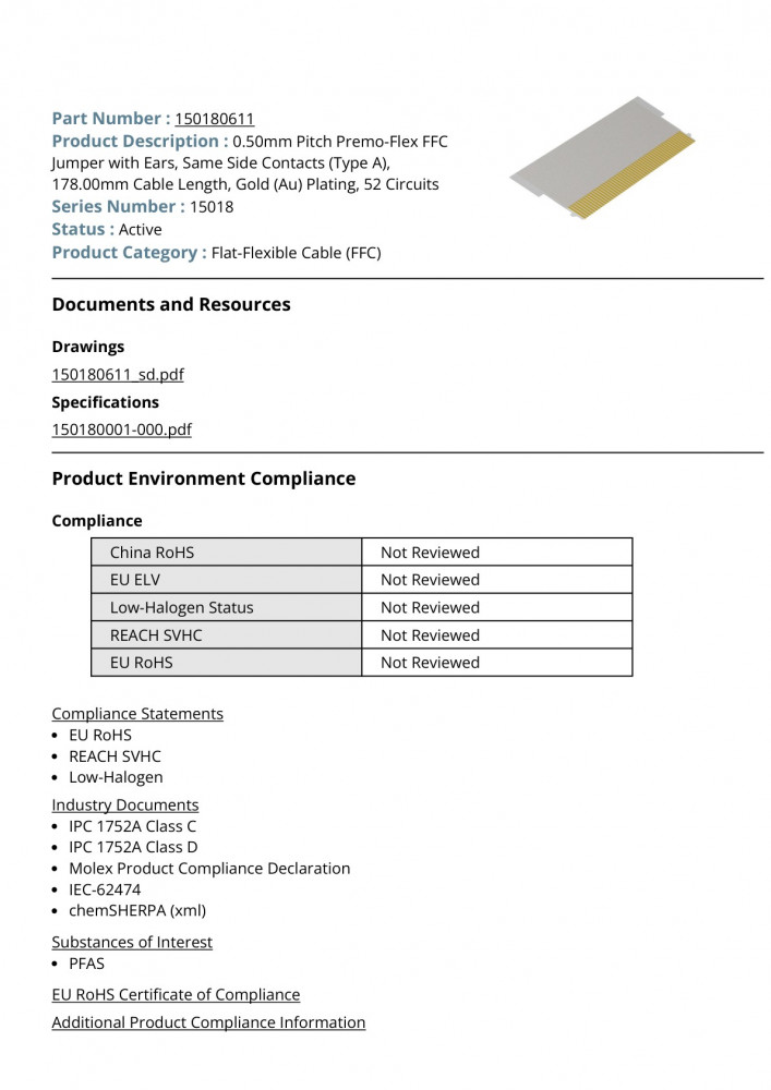 MOLEX 15018 0.50 mm pitch FFC specification, page 1