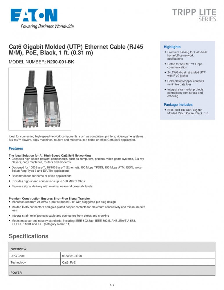 N200-001-BK technical document page 1