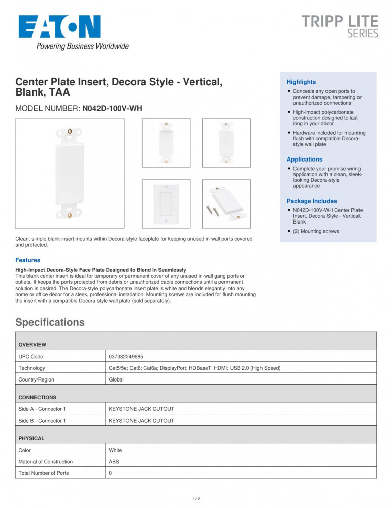 N042D-100V-WH technical document page 1