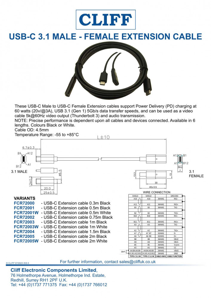 CLIFF FCR72000 USB-C extension cable product documentation