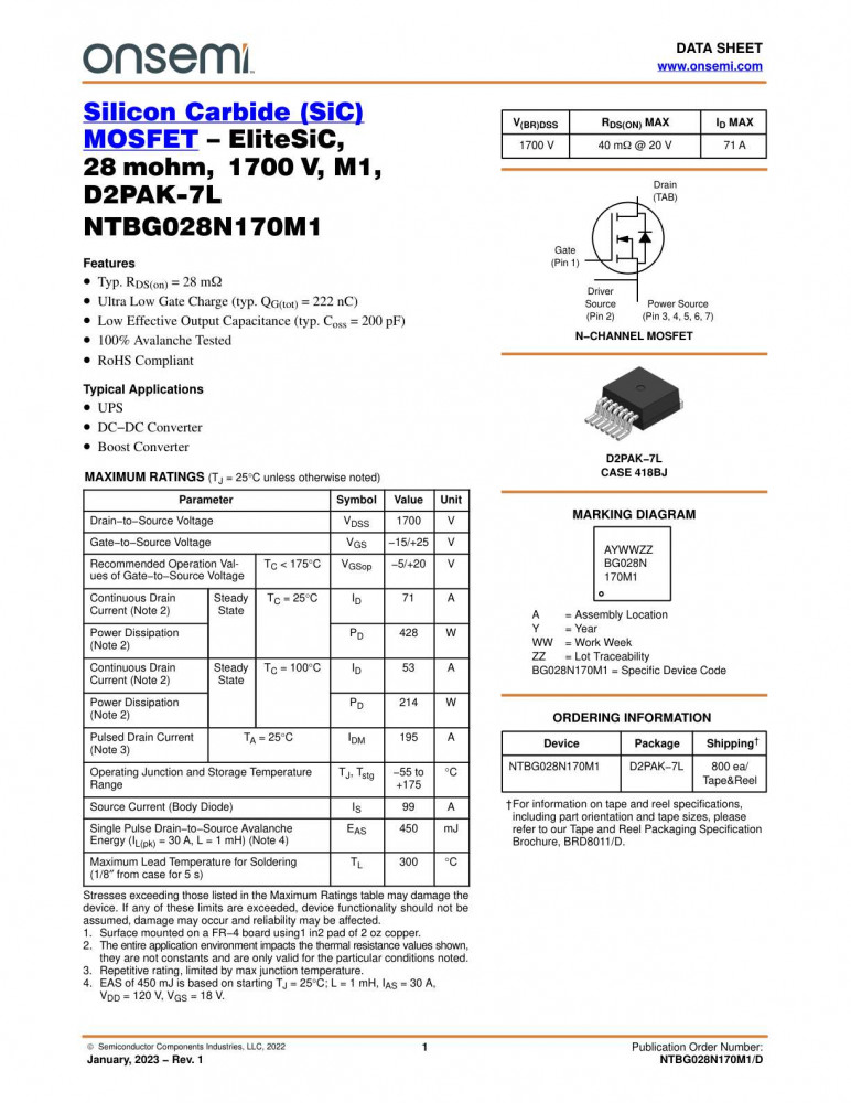 NTBG028N170M1 datasheet page 1