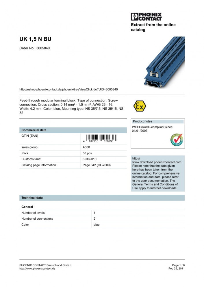 Phoenix Contact UK 1,5 N BU document page 1
