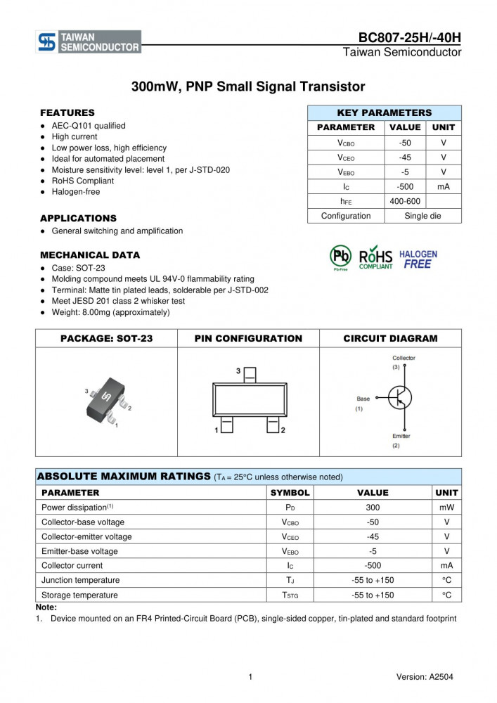 BC807-25H datasheet page 1