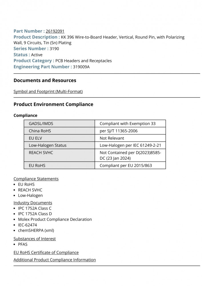 MOLEX 26192091 technical document image, page 1