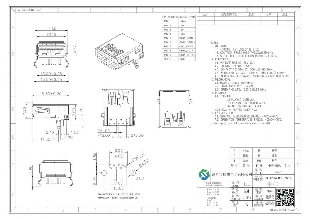 HC-USB3.0-L168-WJ technical drawing preview