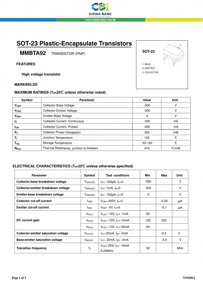 MMBTA92 datasheet page 1