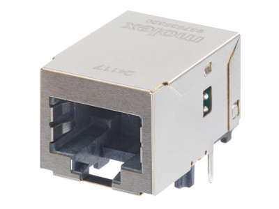 MXMag Fast Ethernet 6 Core Non-PoE Single-Port RJ45 Connector, 21.40mm Depth, 1.80mm Phy Pin Length, Right-Angle, Standard Profile, with Shield  Tabs, Non-LED, Standard Temperature, Tape and Reel