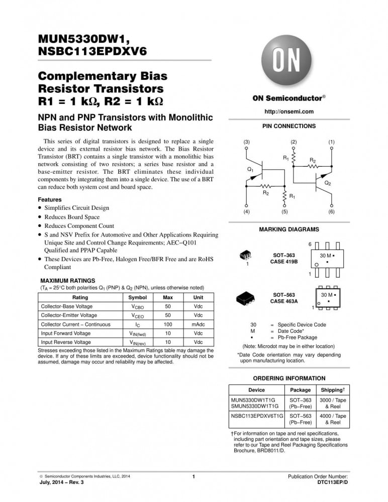SMUN5330DW1T1G technical document page 1