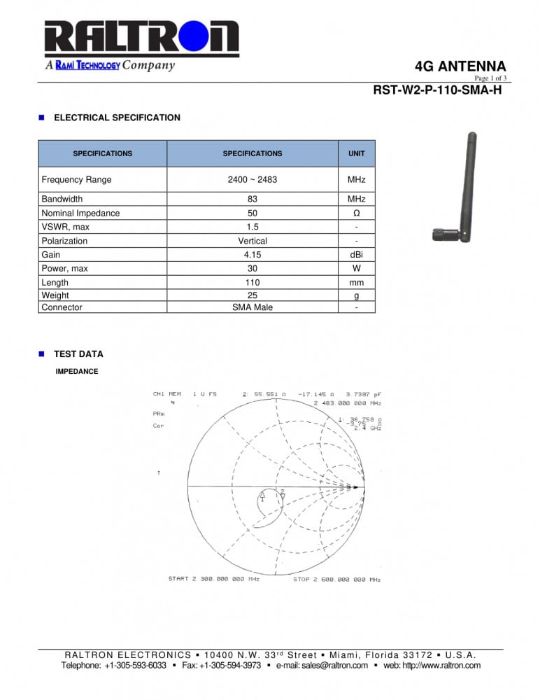 RST-W2-P-110-SMA-H electrical specification page