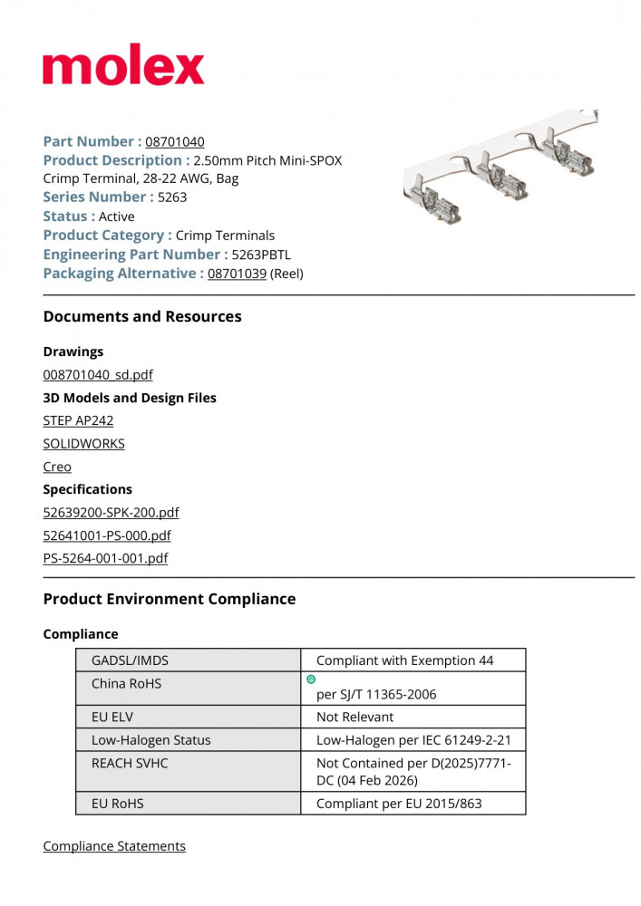 MOLEX Mini-SPOX 2.5 product specification page 1