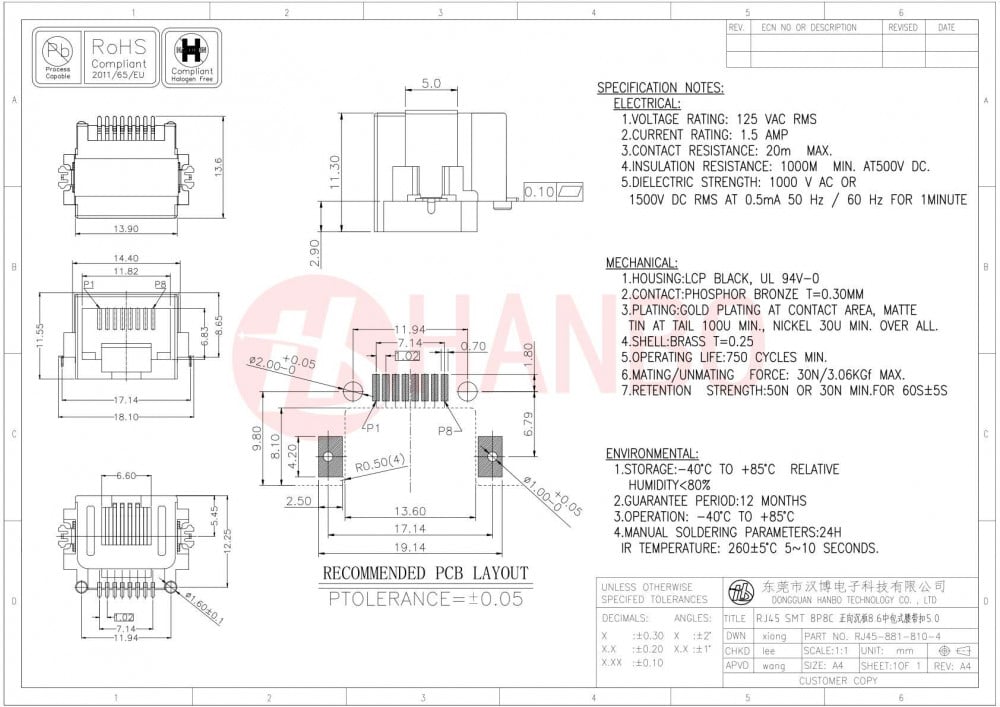 Hanbo Electronic RJ45-881-810-4 technical document preview