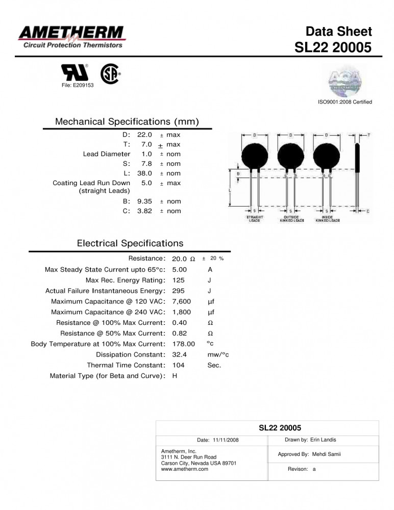 Ametherm SL22 20005 technical specification drawing