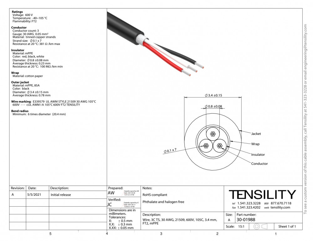 Tensility International 30-01988 cable specification drawing