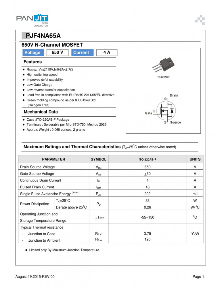 PJF4NA65A datasheet page 1