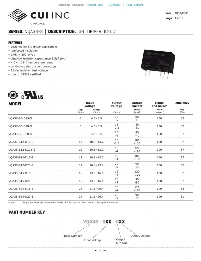 CUI VQA3S-S12-DX15-S datasheet page 1