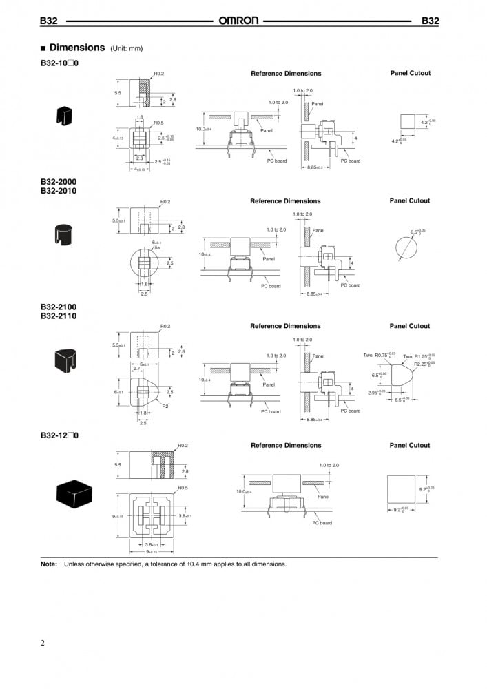 OMRON B32 key top dimensions page