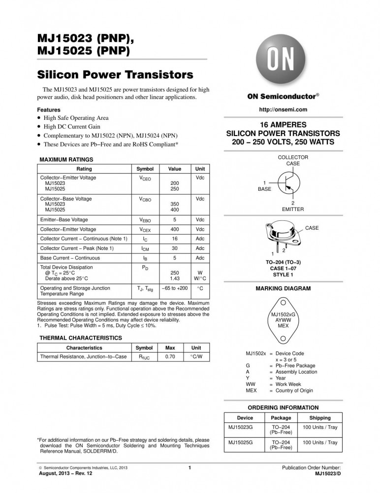 MJ15025G datasheet page 1