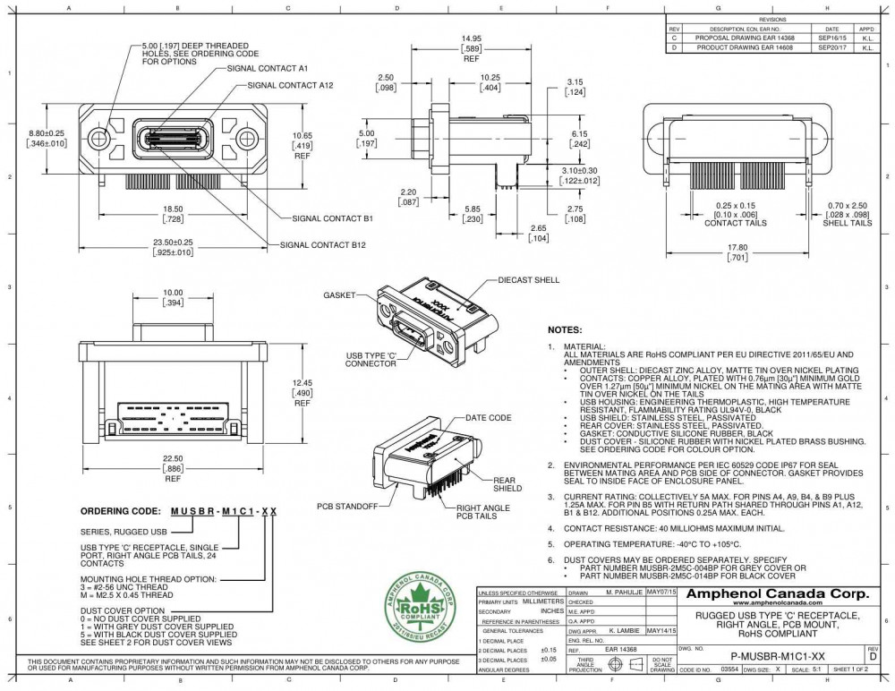 Amphenol MUSBRM1C1M0 product drawing page 1