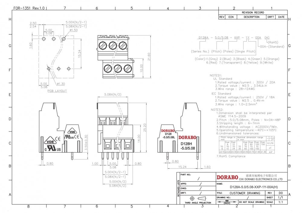 DORABO DB128A-5.08-2*3P-GN-S technical document page