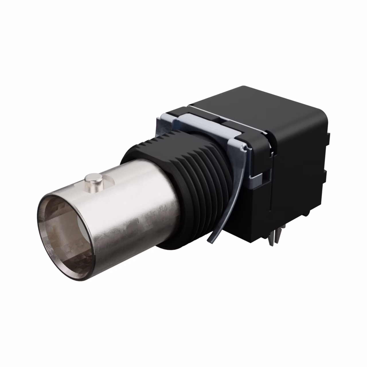 BNC Jack, Right-Angle, Bulkhead Receptacle, PCB, with Board Lock Legs, Filtered, Panel Isolated, Black PBT Housing, Housing Height 13.16mm, Tray, 50 Ohms for sale