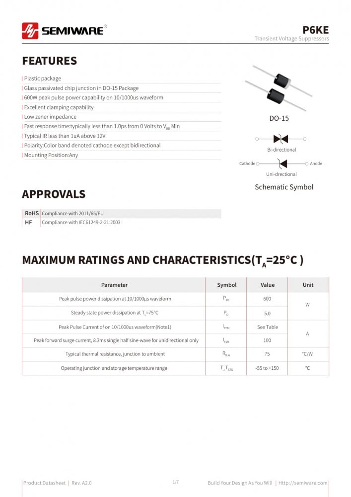SEMIWARE P6KE500A datasheet page 1