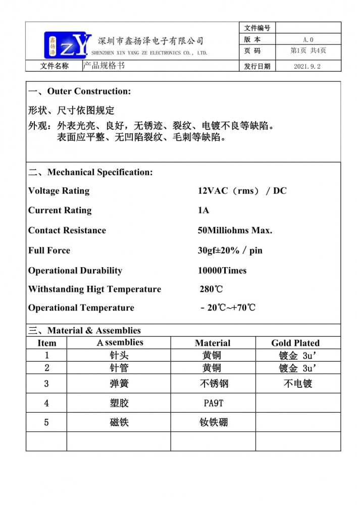 YZ00415040R-02025-01 specification page 1