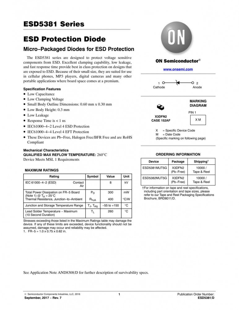 ESD5381MUT5G datasheet page 1