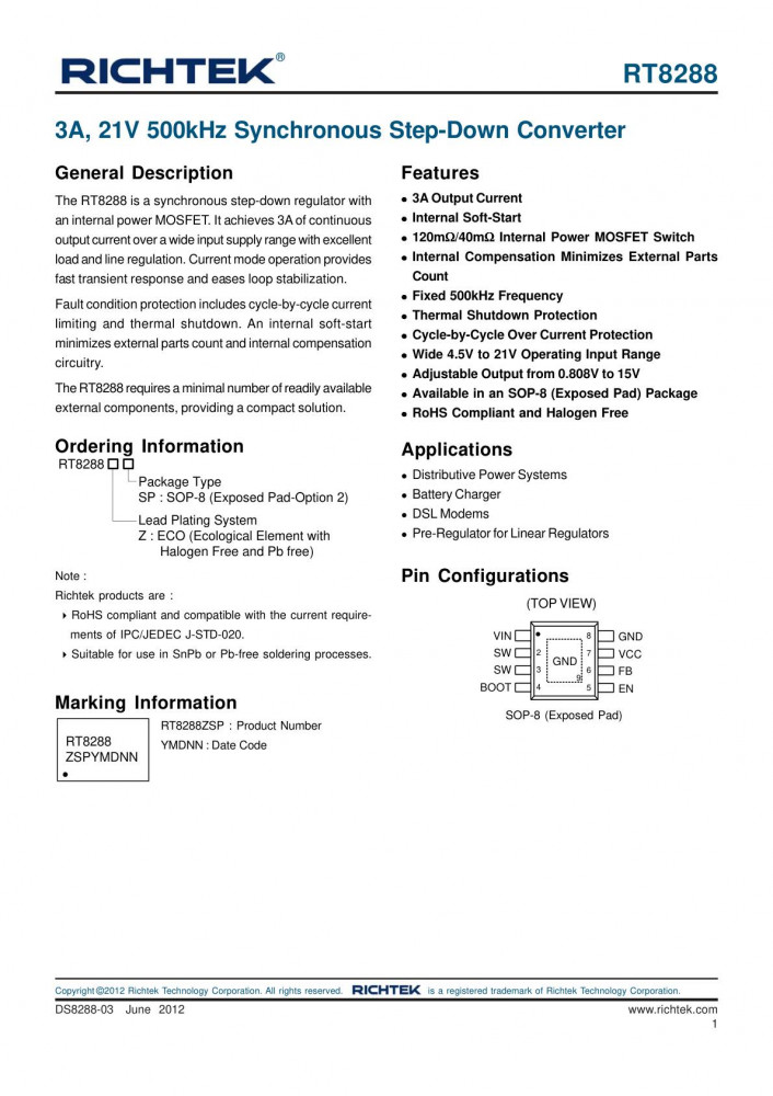 RT8288 datasheet preview, page 1